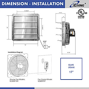 iLIVING 16" Wall Mounted Shutter Exhaust Fan, Automatic Shutter, with Thermostat and Variable Speed controller, 0.85A, 1200 CFM, 1800 SQF Coverage Area Silver (ILG8SF16V-ST)
