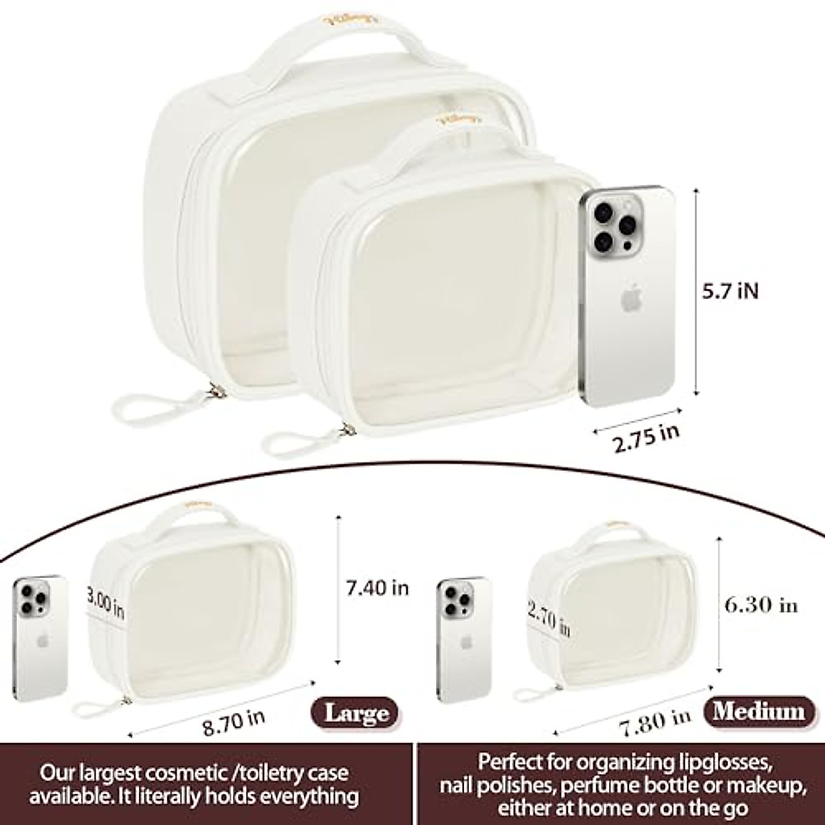 Hibagg Travel Toiletry Bags TSA Approved, 2PCS Clear Makeup Bags Set, Cosmetics Organizer Wide Open, Carry On Travel Essentials for Women Men with Gift Box, White