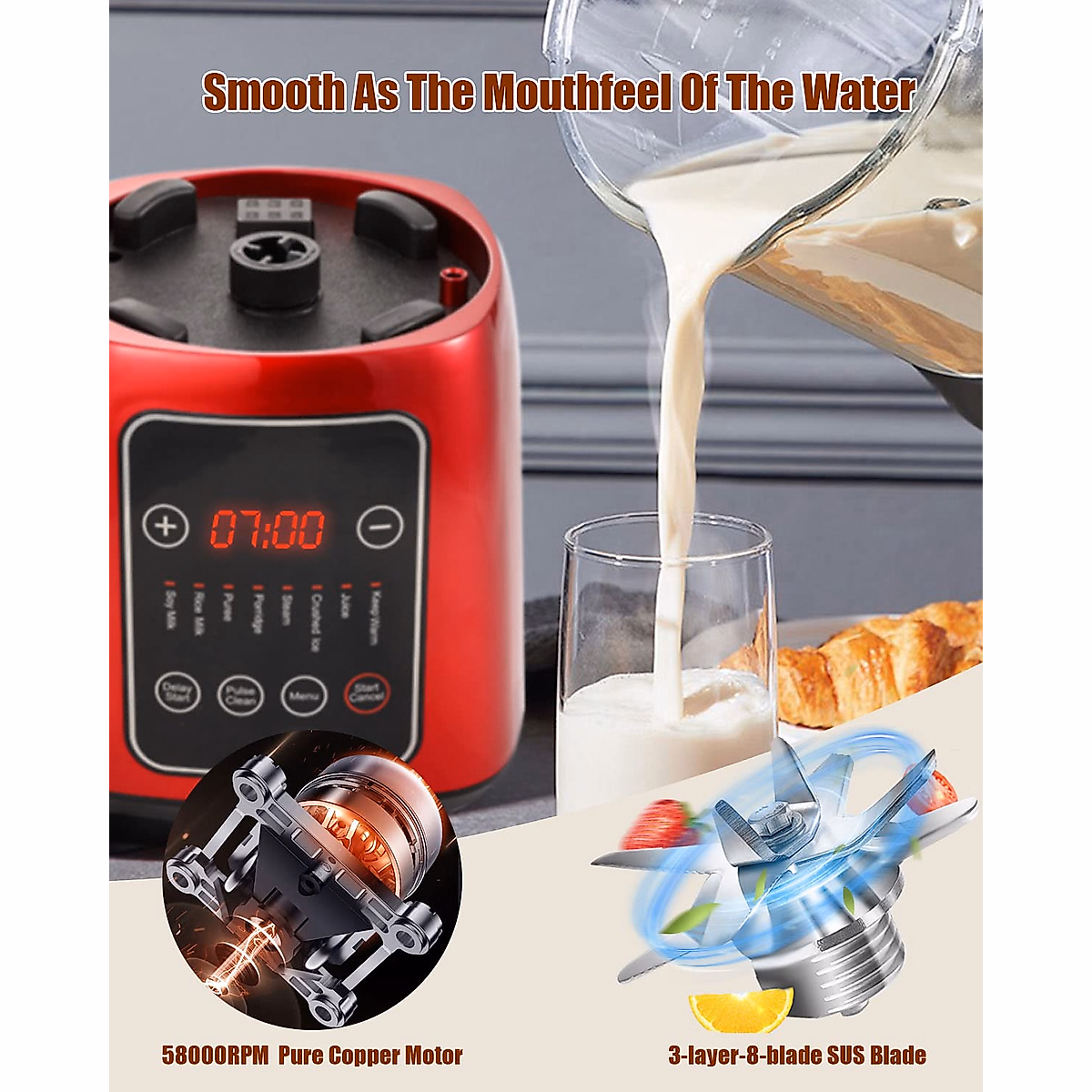 Moongiantgo Professional Cooking Blender for Kitchen Hot Cold with 8 Presets, 59Oz Glass Jar, 58000RPM High Speed Quiet for Smoothie Shake Red 110V