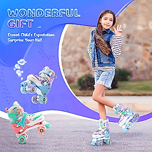 NEMONE Mermaid 4 Size Adjustable Light up Roller Skates for Girls, Blue Purple Skates for Toddlers, Beginner Kids Roller Skates Indoor Outdoor (Blue M)