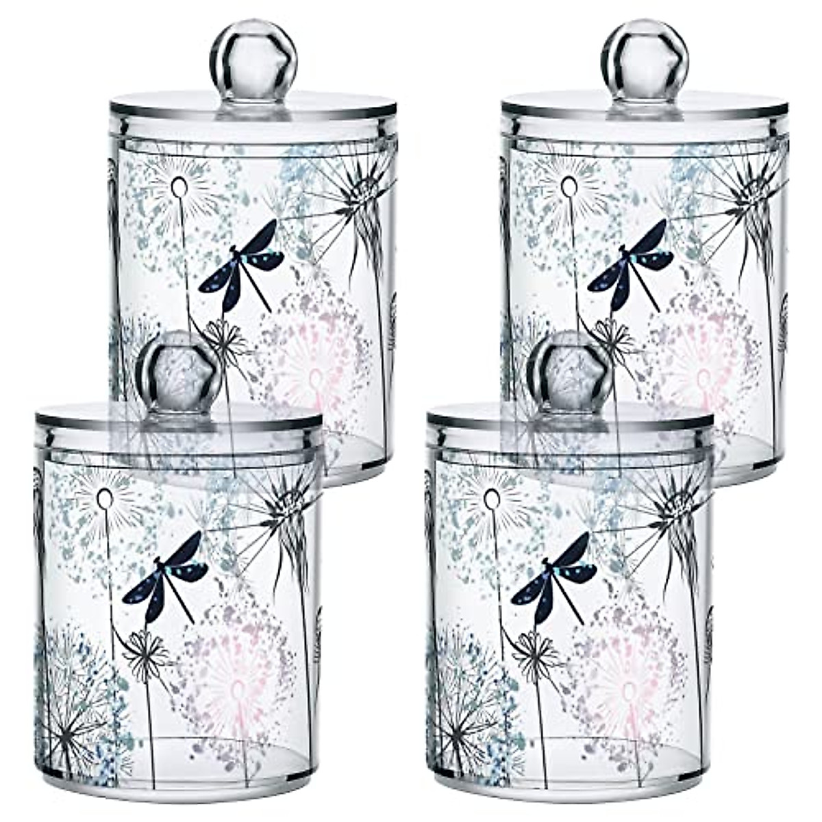 susiyo Dandelions and Dragonflies Plastic Jars with Lid Apothecary Jar for Cotton Balls Swabs Pads - 4 Pack