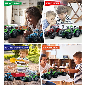 Mozlly Friction Powered Farm Tractor Trailer Toy Set - 16-inch Tractor Trailer Toys for Boys and Girls, Red Water Tank, Blue Farm Tractor, and Green Log Truck Toy, Farming Tractors Playset (3 Sets)