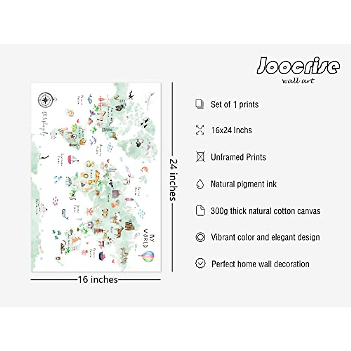 Joocrise Green Kids World Map Wall Art Animal Map Canvas Wall Art Educational Wall Art Nursery Wall Decor World Map Poster Childrens Room Decor Playroom Prints 16x24 Inch Unframed