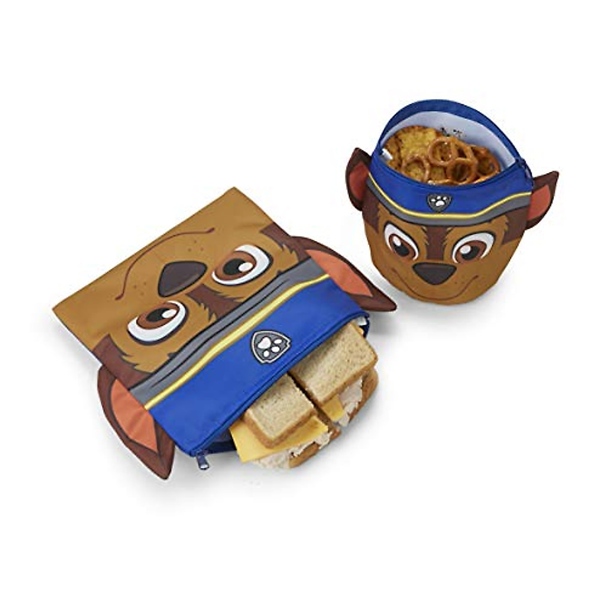 Paw Patrol Chase Reusable Kid Snack Bag/Kid Sandwich Bag 2 Pack. Washable, Food Safe, BPA-Free, Dishwasher-Safe, Zipper Closure. Includes 1 Sandwich & 1 Snack Bag. Snack Bag Stands up with Handle