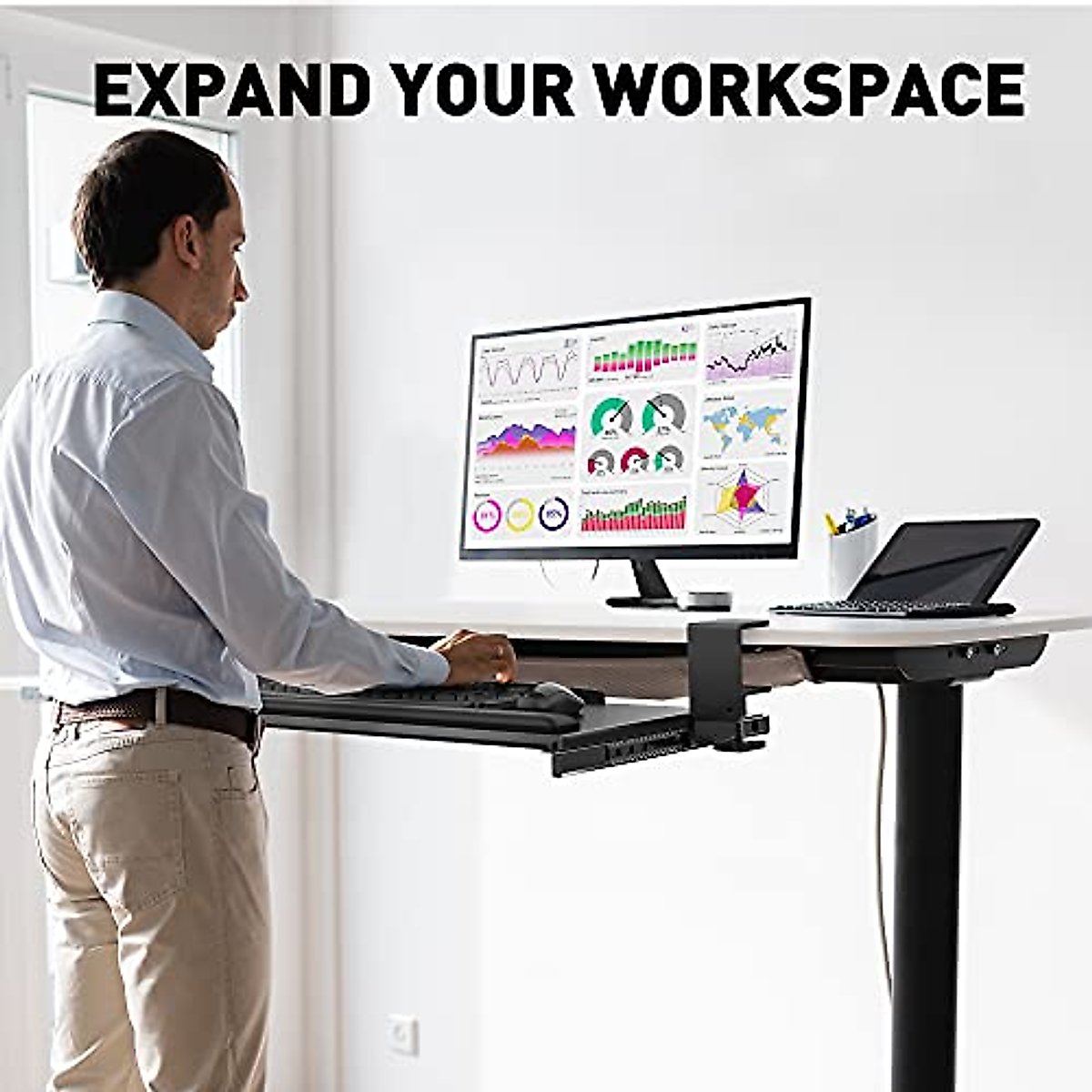 AboveTEK Large Keyboard Tray Under Desk with Wrist Rest, 26.7"×11" Ergonomic Desk Computer Keyboard Stand with Sturdy C Clamp Mount System, Slide-Out Drawer Keyboard Mouse Holder for Office(Black)