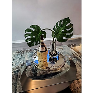 Round Mirror Tray with Nickel Leaf Design - Elegant Serving Tray - Round Mirror Vanity Tray…