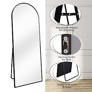 JAWGLOW Arched Full Length Mirror, 64 "x 21" Floor Mirror with Stand, Full Body Mirror with Aluminum Alloy Frame, Freestanding, Wall-Mounted or Leaning (Black)