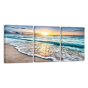 Wieco Art 3 Panel Blue Beach Canvas Wall Art for Home Decor Sunset White Wave Beach Pictures on Canvas Sea View Canvas Prints Artwork for Wall Decor Living Room Decorations