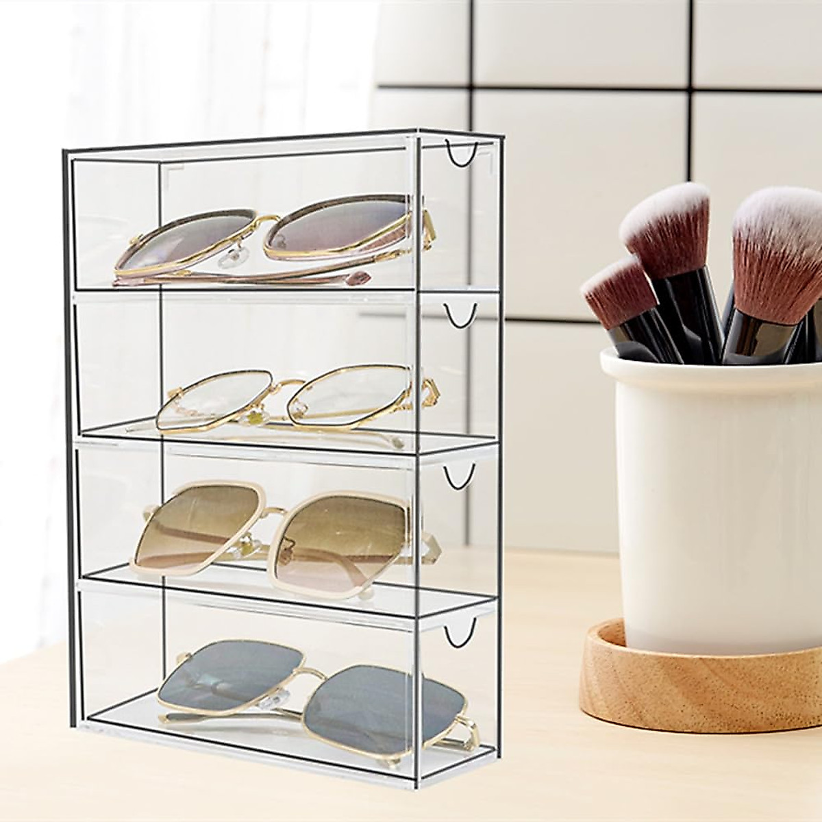 Fordonral Clear Plastic Sunglass Organizer, Transparent Glasses Holder 4 Storage Drawers, Sunglass Case Glasses Display Stand, Acrylic Organizers for Organizing Eyeglass, Hair Ties, Accessories