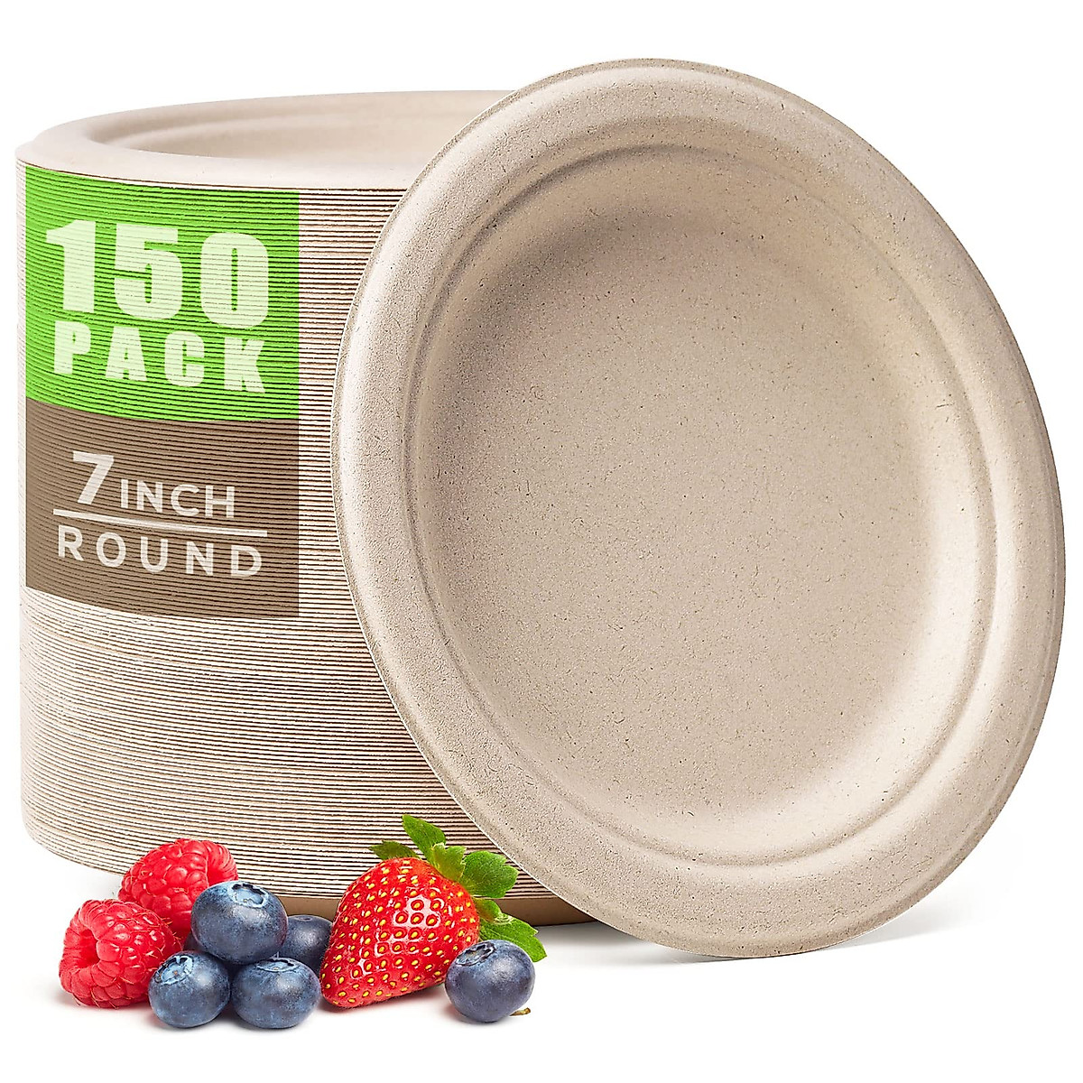 Gezond 100% Compostable Paper Plates 7 Inch, 150pcs Disposable Heavy-Duty Plates Unbleached Biodegradable Plate Made of Sugarcane Fiber