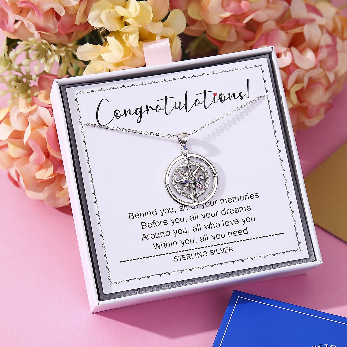 AmpleLove Graduation Gifts for Her, Sterling Silver compass Necklace Pendant, Necklaces for Women, College, High School Graduation Necklace