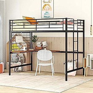 TMEOSK Full Size Metal Loft Bed Frame with L-Shape Desk and Decoration Metal Grid, Space Saving Loft Bed with Ladder and Safety Guardrail for Boys Girls Teens Adults, No Box Spring Needed (Black)