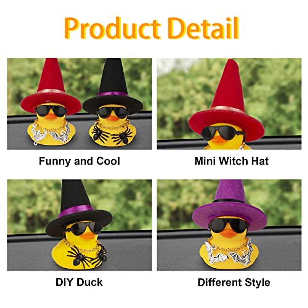 MuMyer Car Rubber Duck Ornaments Halloween Duck Car Dashboard Decorations with Mini Witch Hat Sunglasses Necklace Halloween Accessories for Halloween Themed Gifts