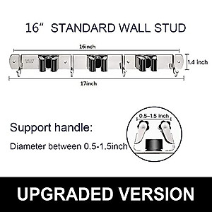 IMILLET Broom and Mop Holder Wall Mounted, Stainless Steel Broom Holder Mop Holder Self Adhesive Heavy Duty Hooks Storage Organizer for Home Laundry Room Garden Garage（3 Racks with 4 Hooks）