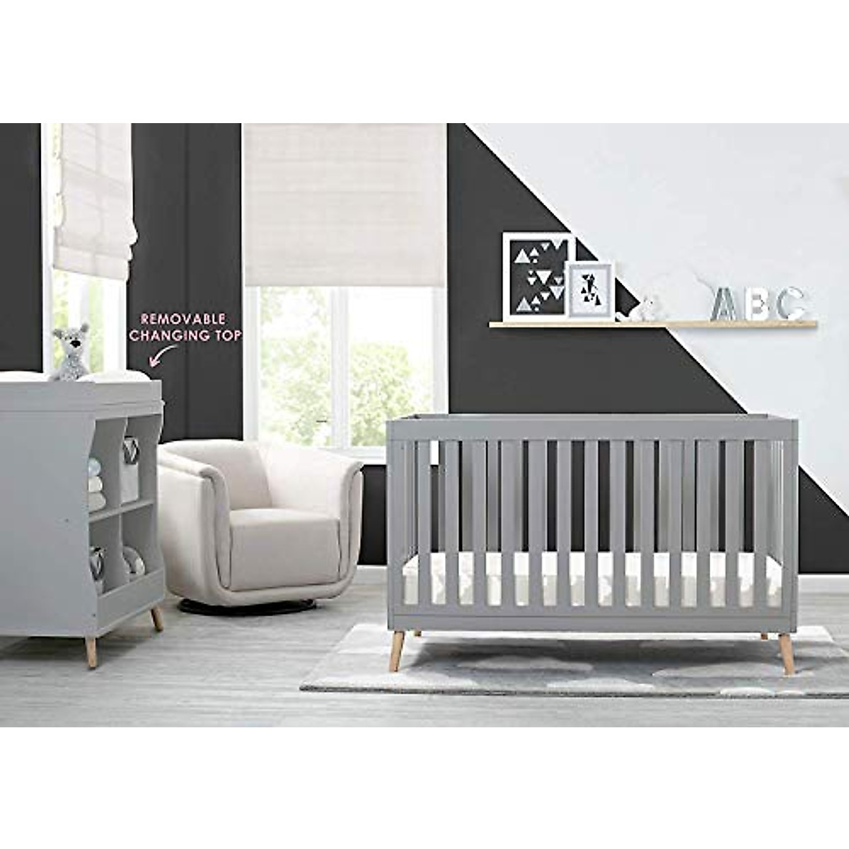 Delta Children Essex 4-in-1 Convertible Baby Crib, Grey with Natural Legs + Delta Children Twinkle Galaxy Dual Sided Recycled Fiber Core Crib and Toddler Mattress (Bundle)