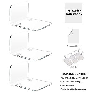 OAPRIRE Acrylic Floating Wall Shelves Set of 3 for Security Cameras, Baby Monitors, Speakers - Universal Small Wall Shelf with Cable Clips, 10-Piece Strong Tapes, No Drill (Clear)