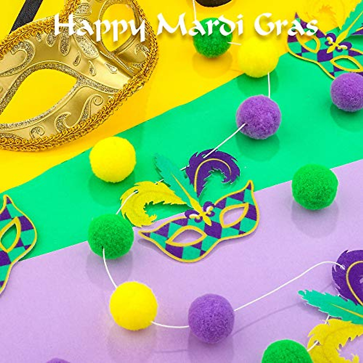 3 Pieces Pom Pom Garlands Mardi Gras Garlands Pompom Ball Banners Gold Purple Green Felt Ball Banners Mardi Gras Hanging Pom Pom Decorations for Mardi Gras Holiday Birthday Party Carnival