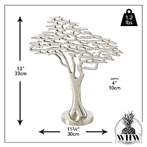 Savannah Tree of Life Table Top Metal Figurine, Made by Hand, Silver Aluminium, Atelier Sculpture Studio, Trunk, Abstract Leaf and Branch Details, Circular Base, 11.75 L x 4 W x 13 H inches (33 cm)