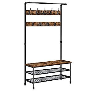 VASAGLE DAINTREE 3-in-1 Entryway Coat Rack and Storage Bench, Pipe Style Hall Tree with 9 Hooks, Multifunctional, Sturdy Steel Frame, Large Size, Industrial, Rustic Brown and Black UHSR47BX