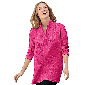Woman Within Women's Plus Size French Terry Quarter-Zip Sweatshirt - 14/16, Raspberry Sorbet Marled