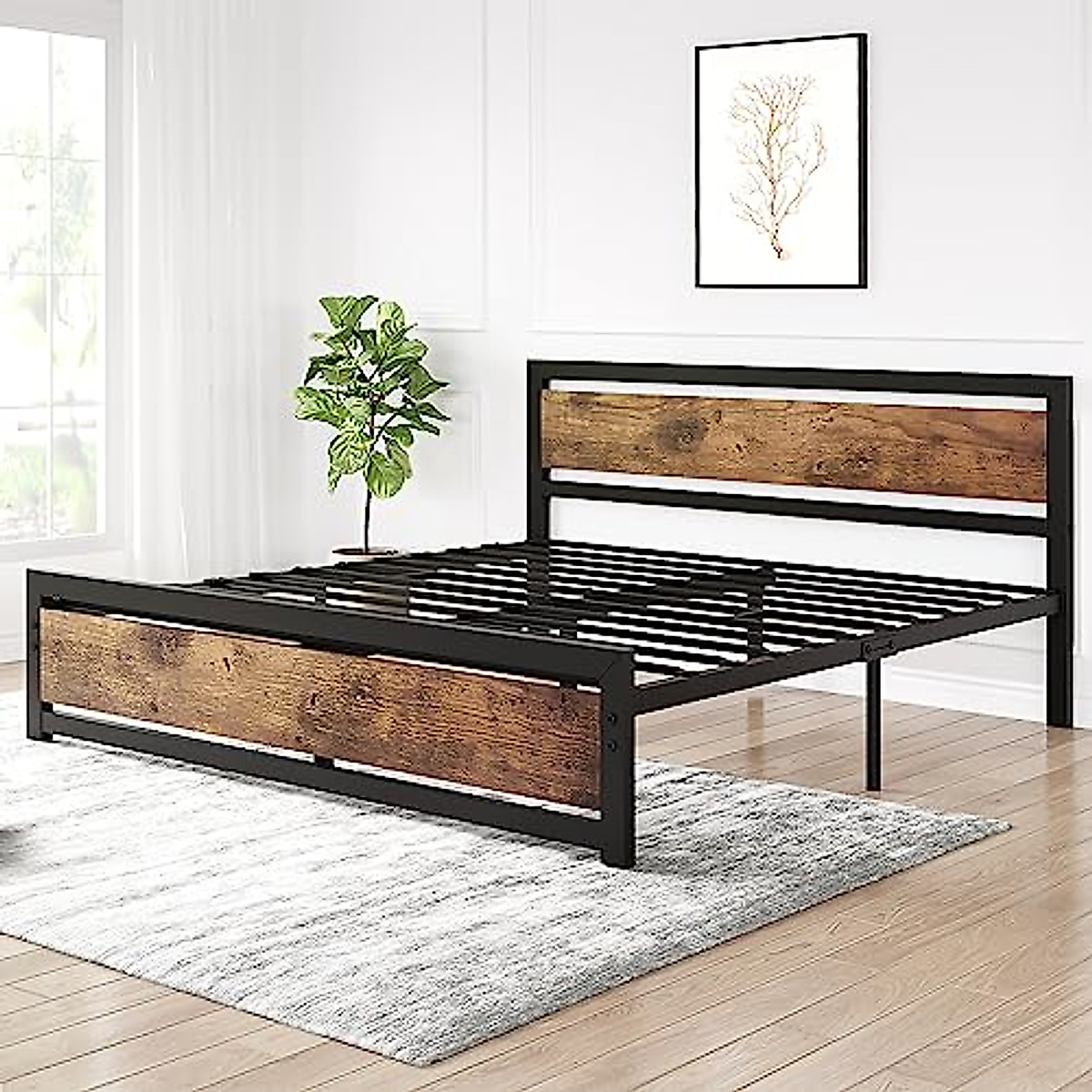 Amyove Queen Size Bed Frame with Wooden Headboard, 14 inch Queen Metal Bed Platform No Box Spring Needed with Heavy Duty Steel Slat, Easy to Assemble Noise Free Mattress Foundation - Queen