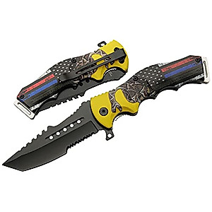 SZCO Supplies 8.5” First Responders Flag Assisted Open Liner Lock EDC Utility Folding Knife,Yellow,300566-MC