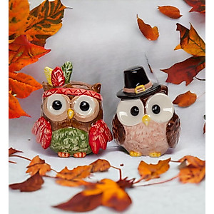 Fine Ceramic Thanksgiving Pilgrim & Native American Indian Owl Salt & Pepper Shakers Set, 2-7/8" H