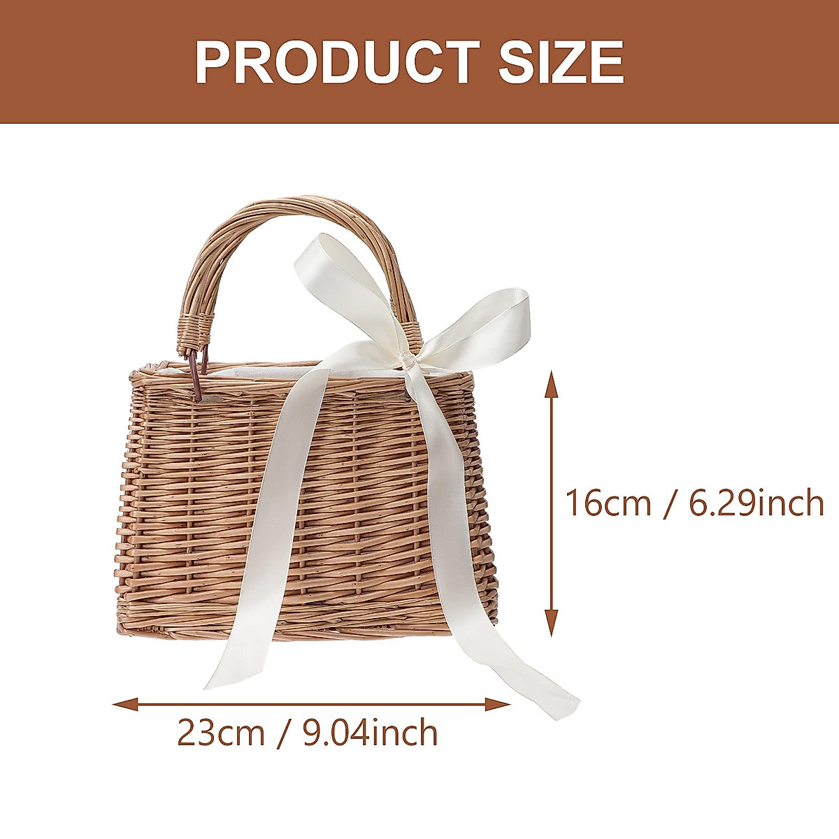 CARMELIT Flower Girl Basket Boho Style Rattan Baskets with White Ribbon for Weddings, Classic Wicker Handbag Basket Purse Basket Bags Women Straw Tote with Handle