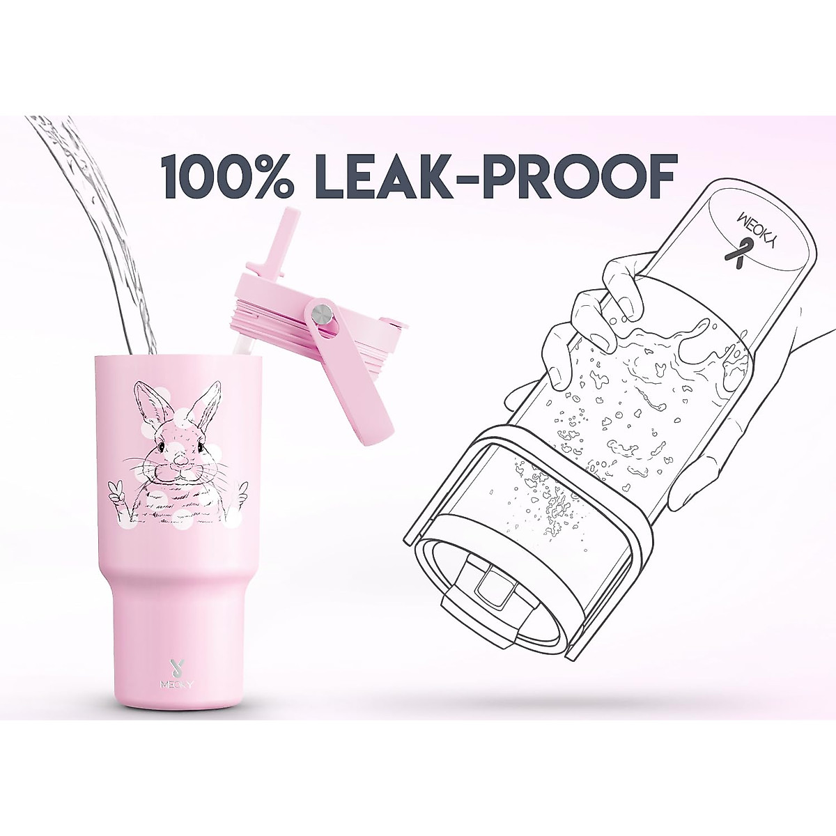 Meoky 32 oz Tumbler with Handle, Tumbler with Lid and Straw, Stainless Steel Travel Mug, 100% Leak Proof, Keeps Cold for 24 Hours, Fits in Car Cup Holder (Bunny)