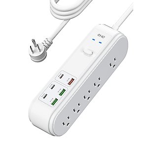 PD 40W USB C Power Strip Surge Protector, 10 Outlets and 6 USB Ports, Flat Plug Desktop USB C Super Fast Charging Station QC 18W Power Bar with 6ft Extension Cord for Home/Office, 1875W/15A, 4500J