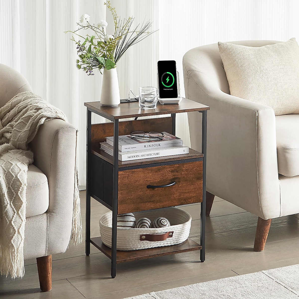 Somdot Nightstand with Charging Station and LED Light for Bedroom, Bedside Table End Table for Dorm Bedside Laundry Closet Entryway Hallway, Wood Grain Print