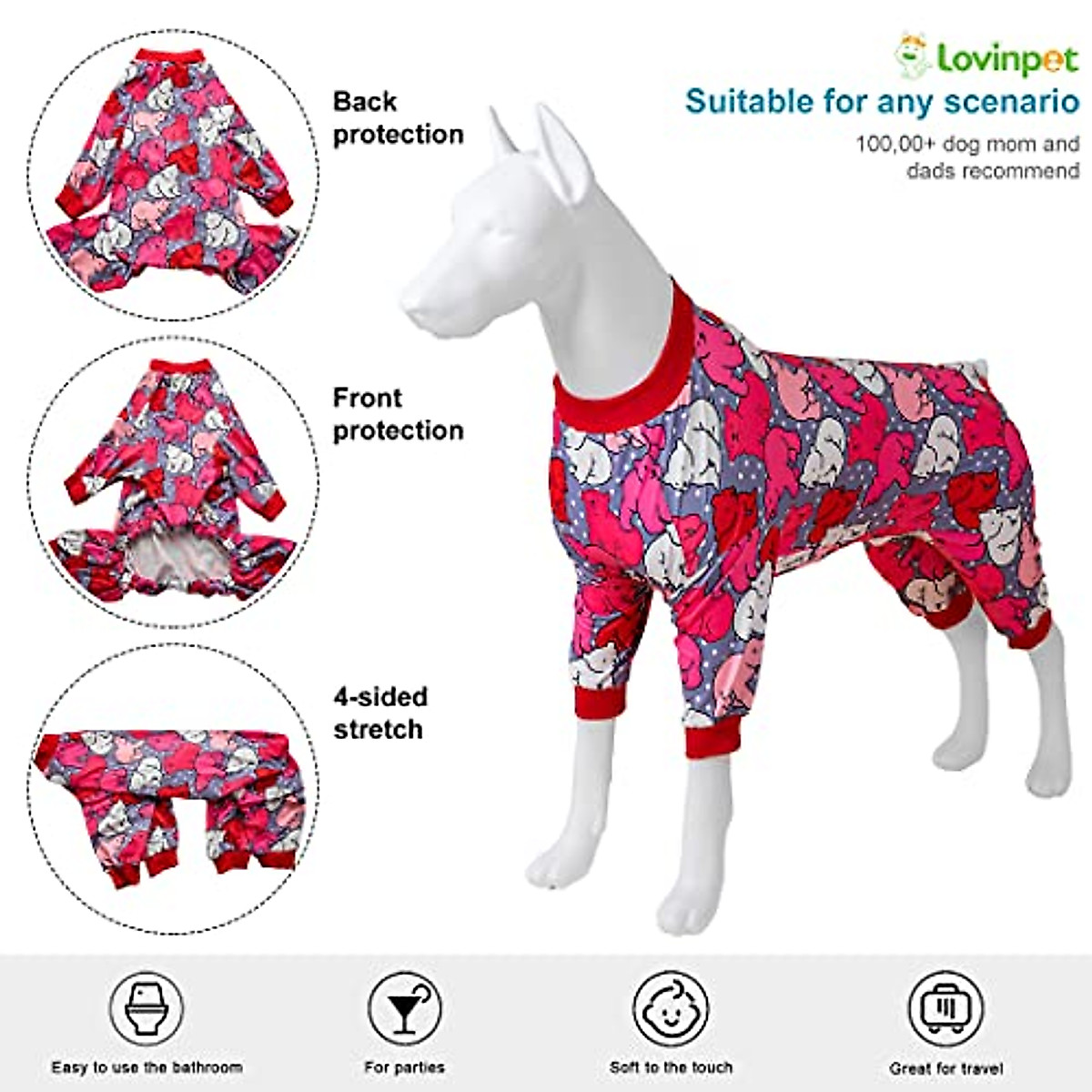 LovinPet Clothes for Big Dogs - Anxiety Relief Shirt, Dog Sun Protection, Post Surgery Recovery Pajamas for Dogs, Comfy Stretchy Fabric, Polar Fleece Polka Dot Bear Pink Print, Large Dog Pjs,Red M