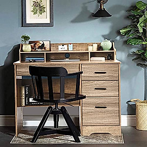 Computer Desk with 4 Drawers and Storage, Small Office Desk with File Drawers and Hutch, Farmhouse Wood Writing Student Table for Home Office, Bedroom, Wooden Grey