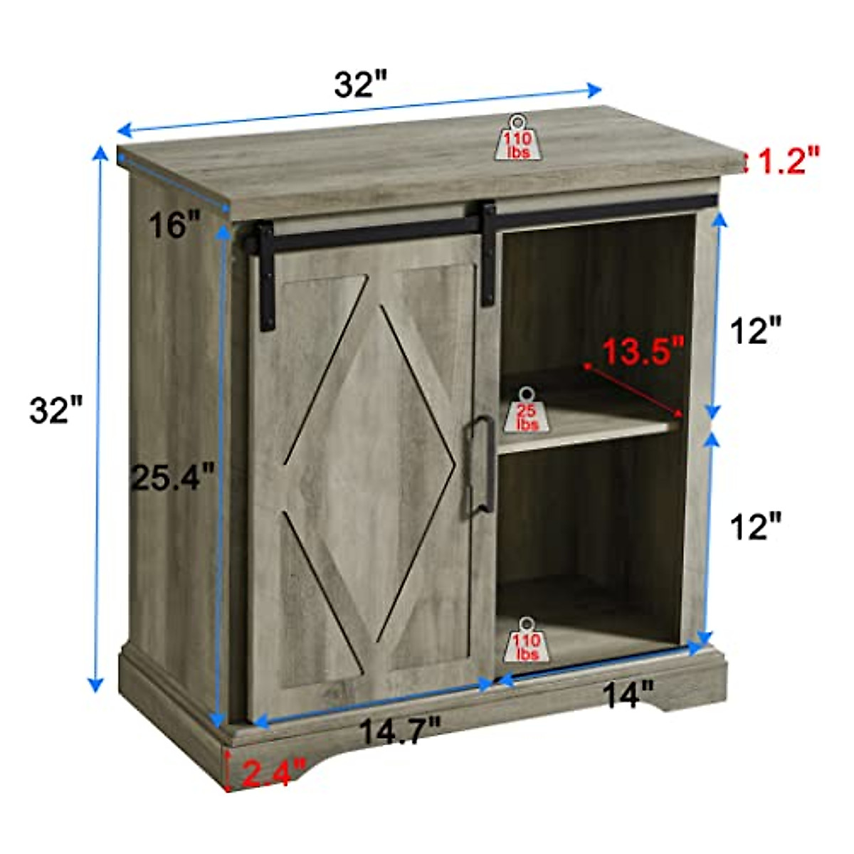 Okvnbjk Sideboard Buffet Cabinet,Coffee Bar Cabinet, 32in Cabinet with Sliding Barn Door, Small Farmhouse Buffet Table for Kitchen Living Room (Grey Wash)