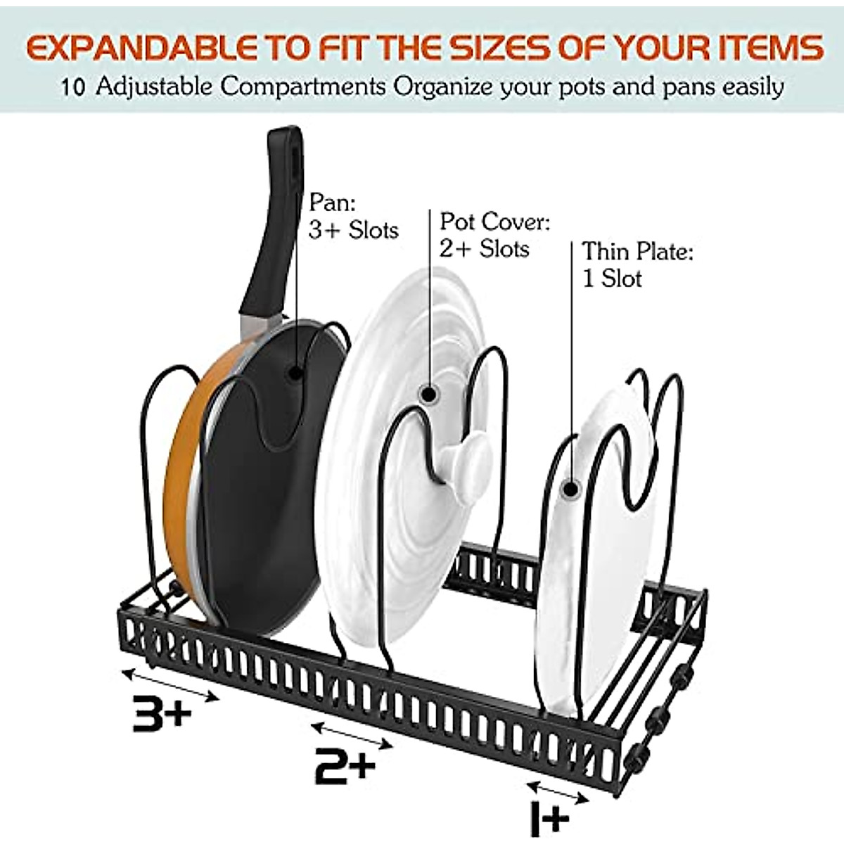 Daddynme Expandable Pot and Pan Organizers Rack, 10+ Pans and Pots Lid Organizer Rack Holder, Kitchen Cabinet Pantry Bakeware Organizer Rack Holder with 10 Adjustable Compartments
