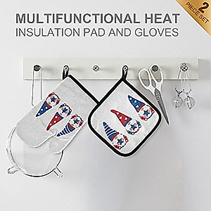 Patriotic Gnome Oven Mitts and Pot Holders 4Th of July Starts ?Heat Resistant Oven Mit Glove Pad 2PCS Soft Cotton Lining Non-Slip Safe for Baking Kitchen Cooking BBQ
