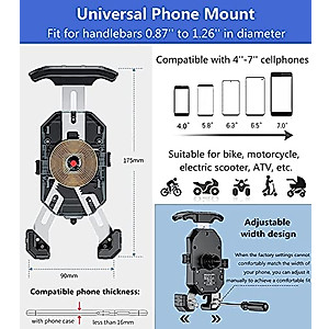 KEWIG Waterproof Motorcycle Phone Mount Qi 15W Wireless & USB C 20W Fast Chargeing Port, One-Push Automatically Lock & Quick Release Handlebar Cell Phone Holder for 4-7'' Phones