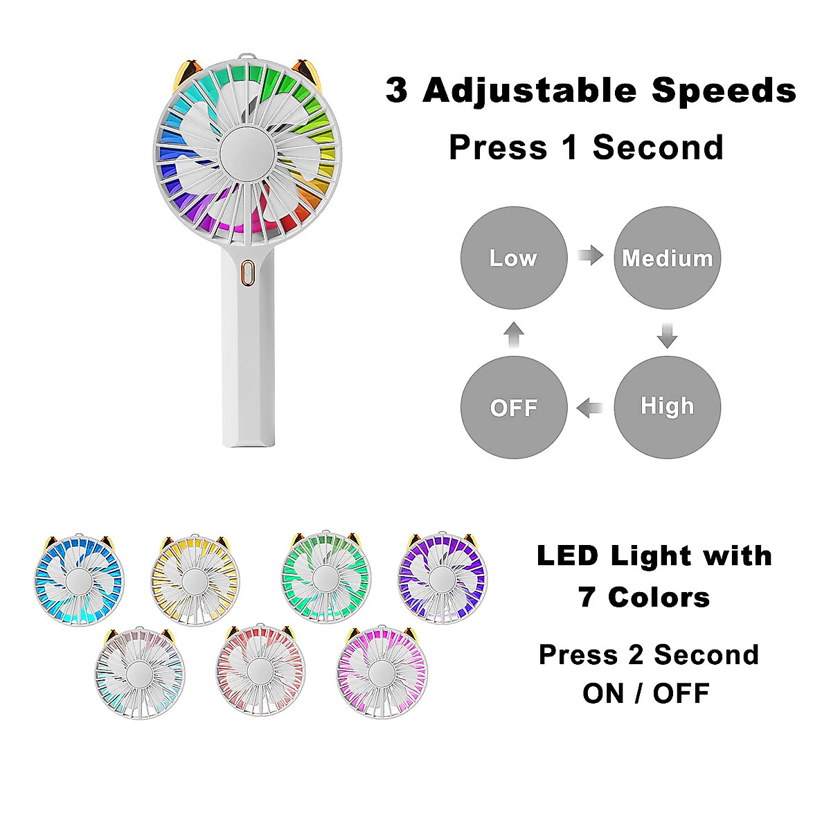 Mini Fan Handheld Fan, 3 in 1 Small Fan with 7 Colors LED Lights, 3 Adjustable Speeds, Rechargeable Battery Operated Fan for Kids, Girls and Women Outdoors or Home Office Use.