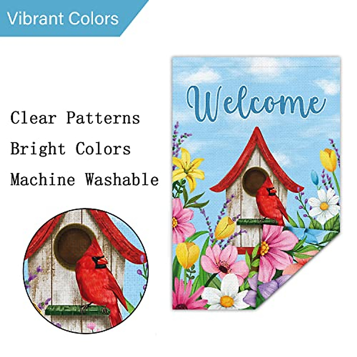 Welcome Spring Garden Flag 12x18 Double Sided Vertical, Burlap Small Birdhouse Floral Garden Yard House Flags Outside Outdoor House Spring Summer Decoration (ONLY FLAG)