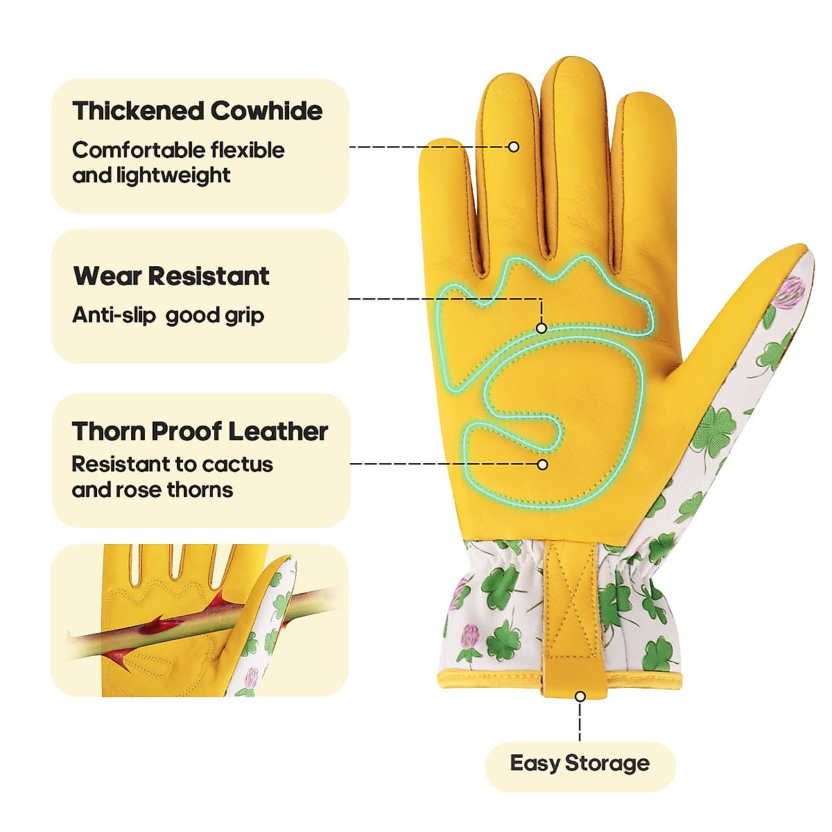 WANCHI Long Sleeve Garden Gloves Medium + Cowhide Leather Thorn Proof Gardening Gloves Large
