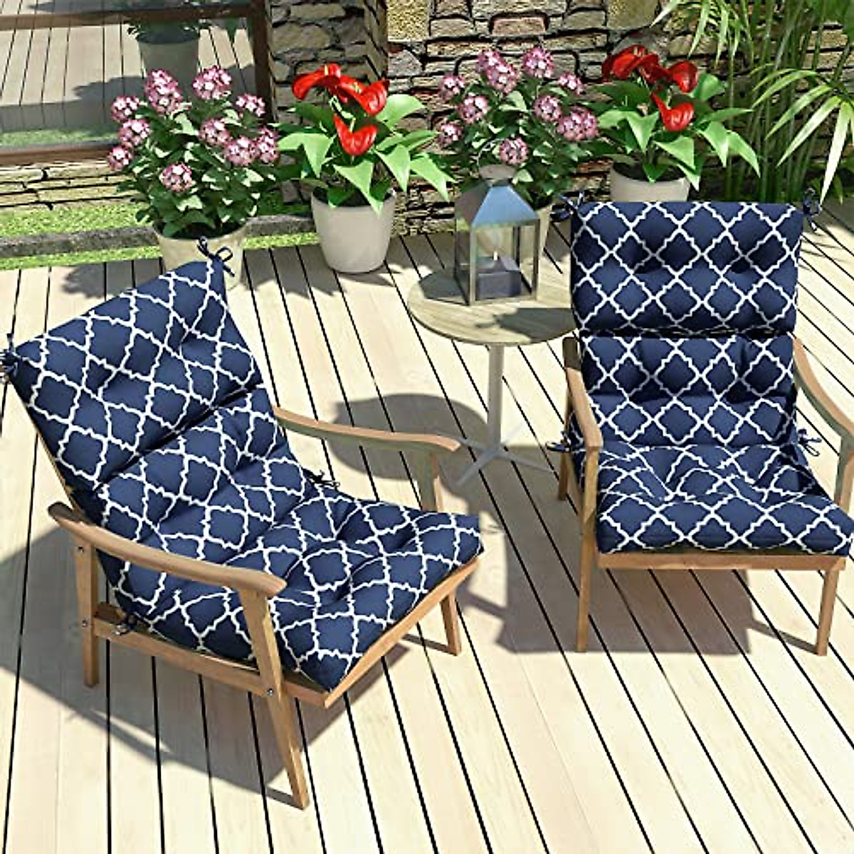 LVTXIII Outdoor Seat/Back Chair Cushion Patio Tufted High Back Cushion, Seasonal Replacement Rocking Chair Cushion with Ties (22” W x 20D”, Set of 2, Geomentry Navy)