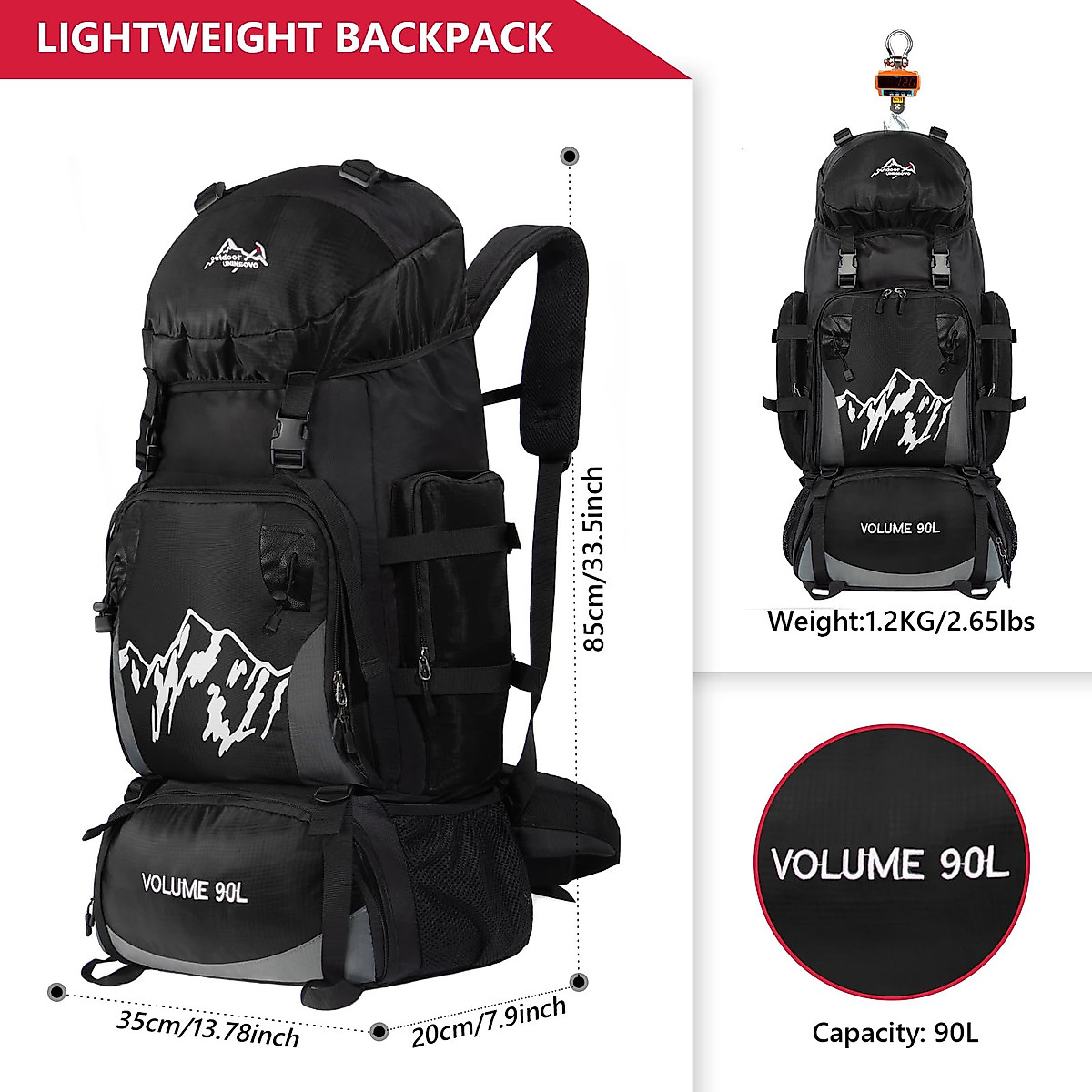 90L Hiking Backpack, Camping Travel Backpack with Rain Cover Lightweight Travel Daypack for Climbing Camping Touring (Black)