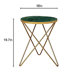 Modern Round Side Table, End Table with Marble Effect Top and Gold Metal Frame, Small Side Table for Living Room, Bedroom, Sofa and Couch, Gold Legs, Green Marble top