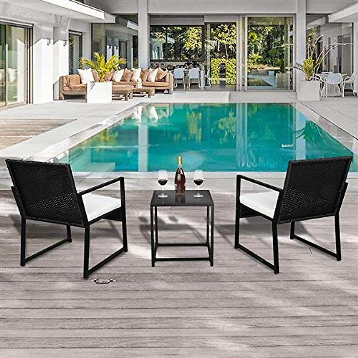 3 PCS Patio Wicker Rattan Furniture Set, Rattan Chair with Coffee Table, Bistro Set Rattan Chair Conversation Sets Garden Furniture for Patio Garden Lawn Backyard Pool (Black-A)