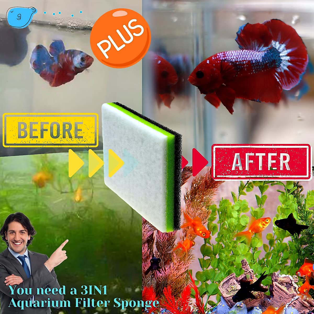 CORISRX 3IN1 Aquarium Filter Sponge Foam Pads - Filter Media for 20 Gallon Betta Fish Tank Supplies, Brine Shrimp Coarse Sponge Bio Filter Sheet - Filter Sponge Accessories (3IN1 Filter Sponge)