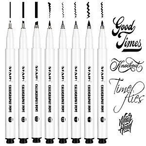 SFAIH Calligraphy Pens Markers Set - 8 Size Black Calligraphy Pens for Writing With Chisel Tip And Brush Tip, Calligraphy Pen Set for Beginners Adults