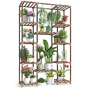 cfmour Wood Plant Stand Indoor Outdoor, 62.2" Tall Flower Shelf Tiered Plant Stands for Multiple Plants Large Planter Holder Hanging Shelves Rack for Living Room Garden Balcony
