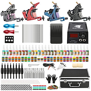 Solong Complete Tattoo Kit 4 Pro Machine Guns 54 Inks Power Supply Foot Pedal Needles Grips Tips Carry Case TK456-US