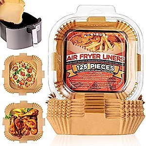 Air Fryer Liners 6.3 inch, 125 Pcs Square Disposable Paper Liners with Four Handles, Oil-proof Water-proof Parchment Paper, Food Grade Cooking Paper for Air Frying, Baking, Roasting Microwave