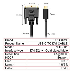 UPGROW USB C to DVI Cable 4K@30Hz 4FT USB Type-C to DVI Male Support 2017-2020 MacBook Pro,Surface Book 2, Dell XPS 13,Galaxy S10